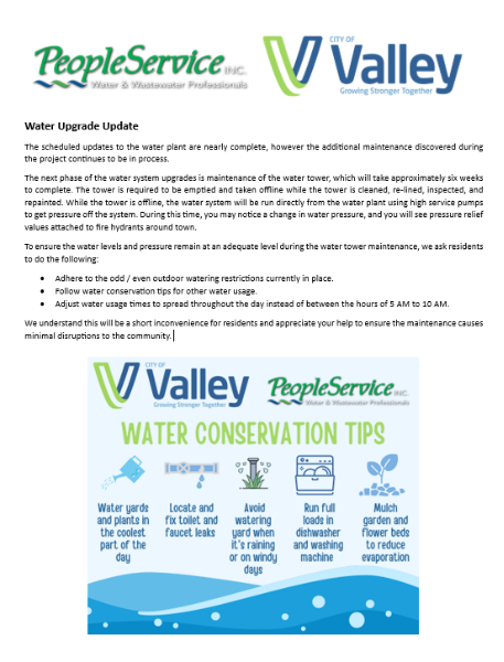 City of Valley - Water System Upgrade Update: Please follow water ...